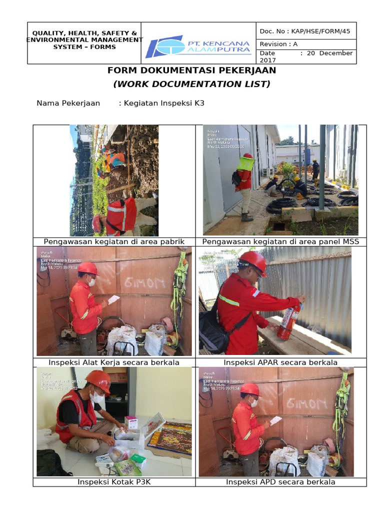 Form Dokumentasi Pekerjaan (Inspeksi K3) - Javier | PDF