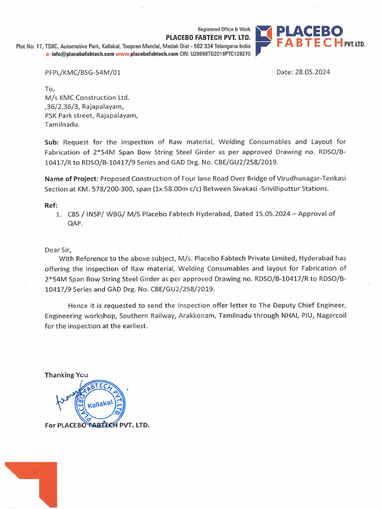 Rawmaterial, Consumables and Layout Inspection Letter. | PDF