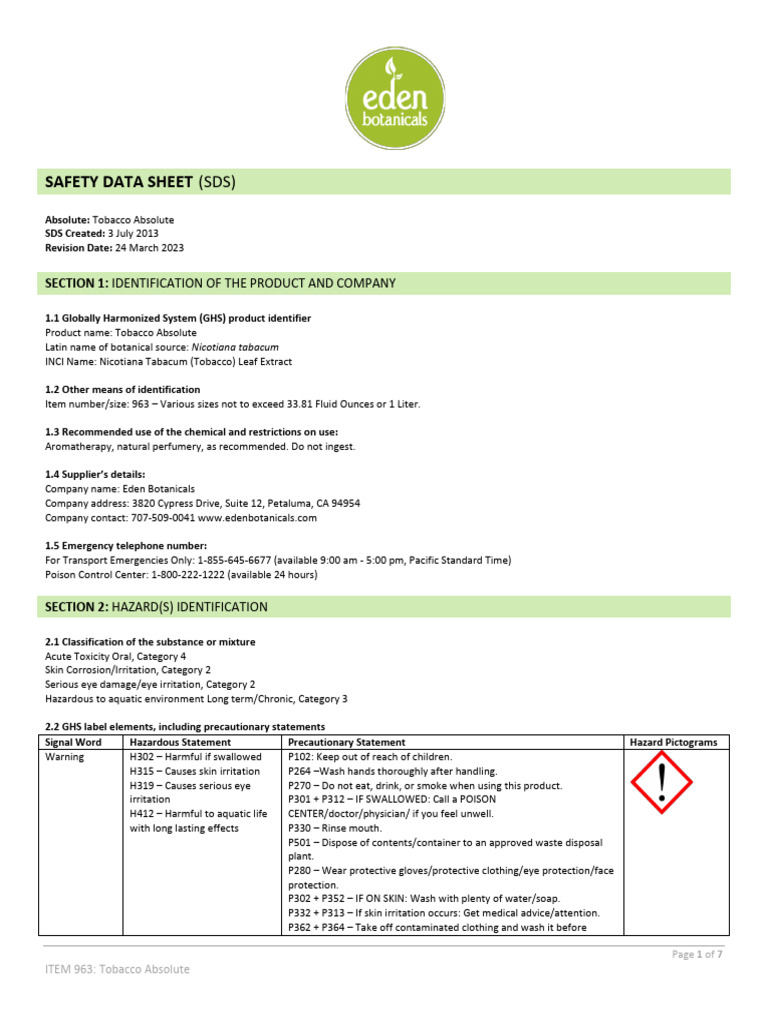 963 Tobacco Absolute SDS | PDF