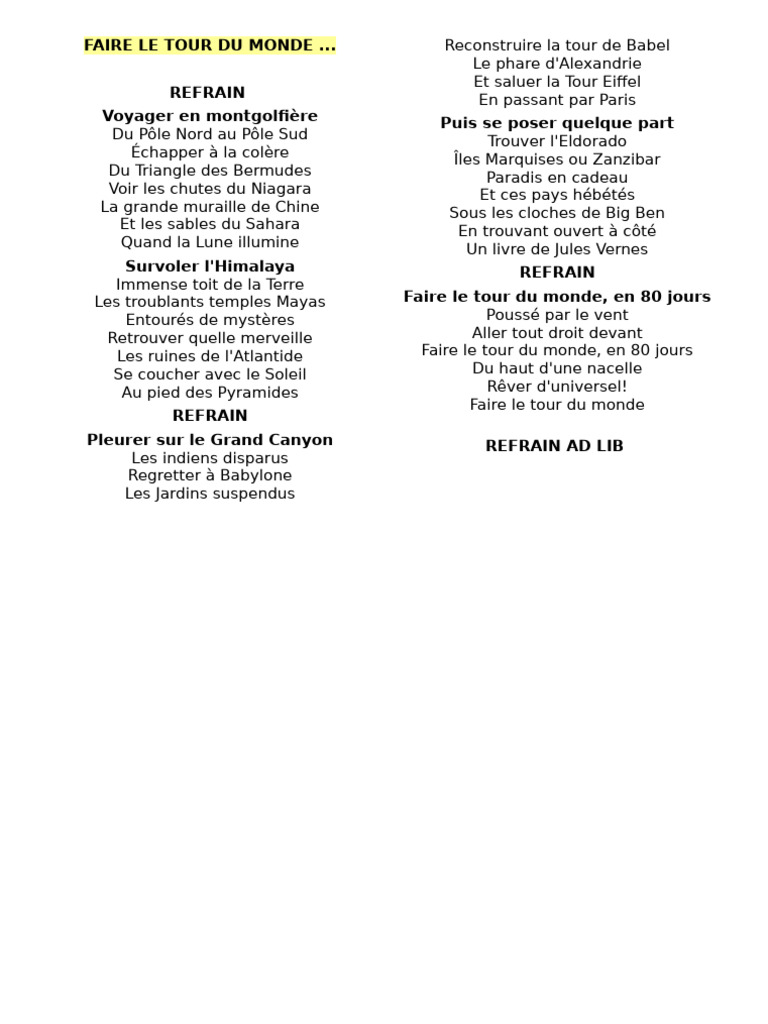 Faire Le Tour Du Monde - Paroles Copie | PDF
