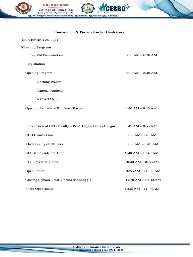 Convocation Parent Teacher Conference Program Flow | PDF