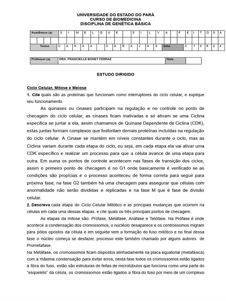 Simelque Silva Feitosa - p1 Genética Básica | PDF