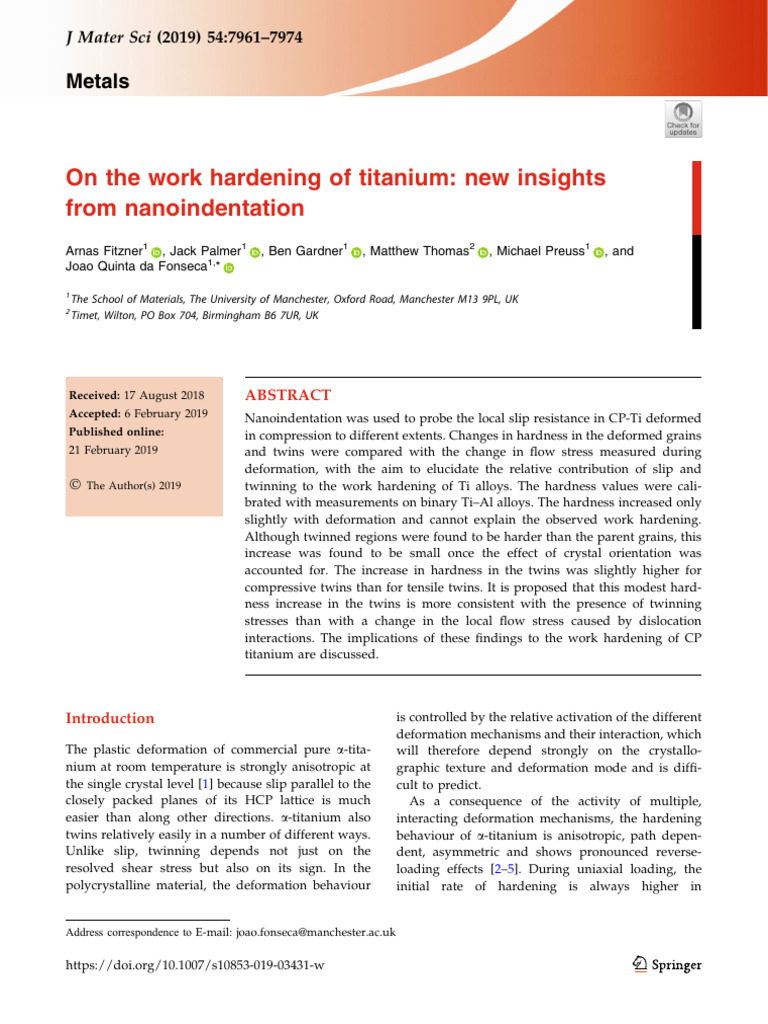 On The Work Hardening of Titanium: New Insights From Nanoindentation | PDF