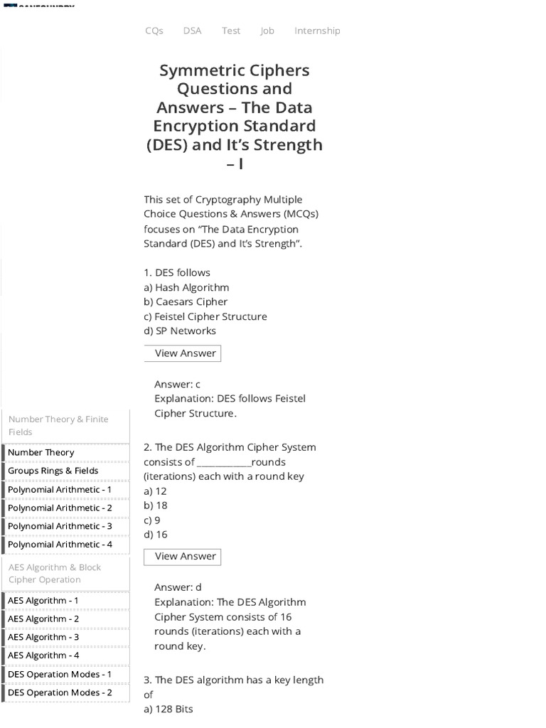 Data Encryption Standard Questions and Answers - Sanfoundry | PDF | Cryptography | Cipher