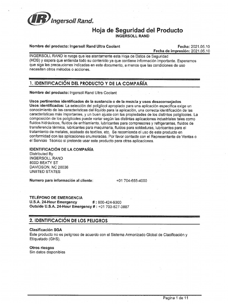 FICHA DE DATOS DE SEGURIDAD INGERSOLL RAND | PDF