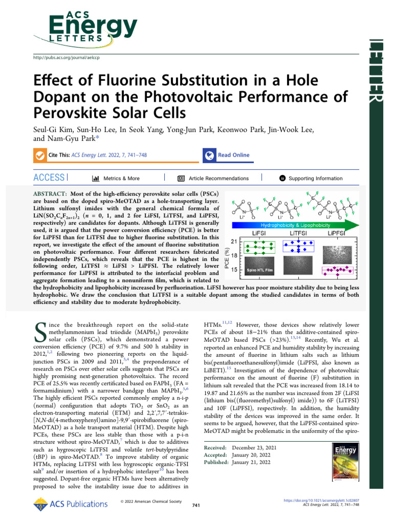 Effect of Fluorine Substitution in A Hole Dopant On The Photovoltaic ...