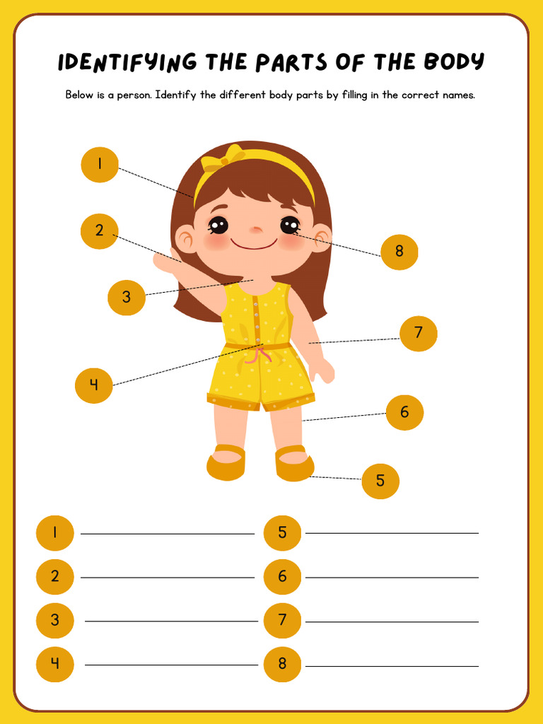 Parts of the Body Printable Worksheet in Yellow White Kawaii Style | PDF
