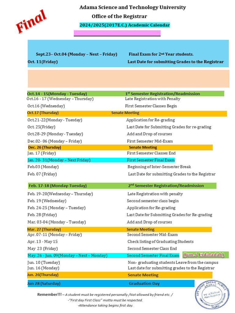 Final Academic Calander 2017 E.C | PDF