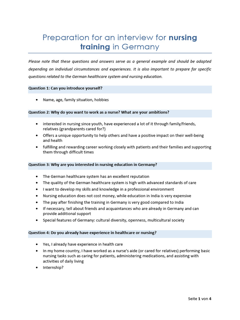 Nursing Interview Prep for Germany | PDF | Nursing | Career & Growth