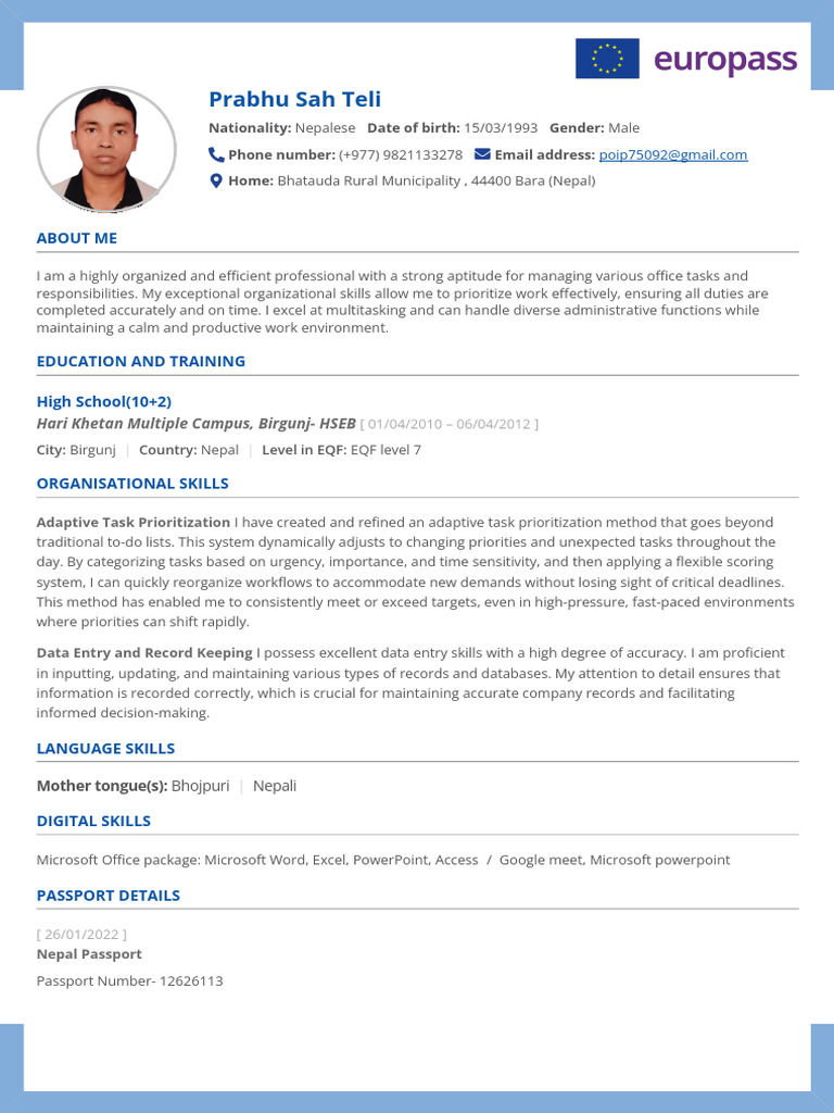 Prabhu Sah Teli Europass | PDF