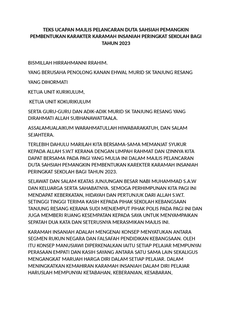 Teks Ucapan Majlis Pelancaran Duta Sahsiah Pemangkin Pembentukan Karakter Karamah Insaniah ...