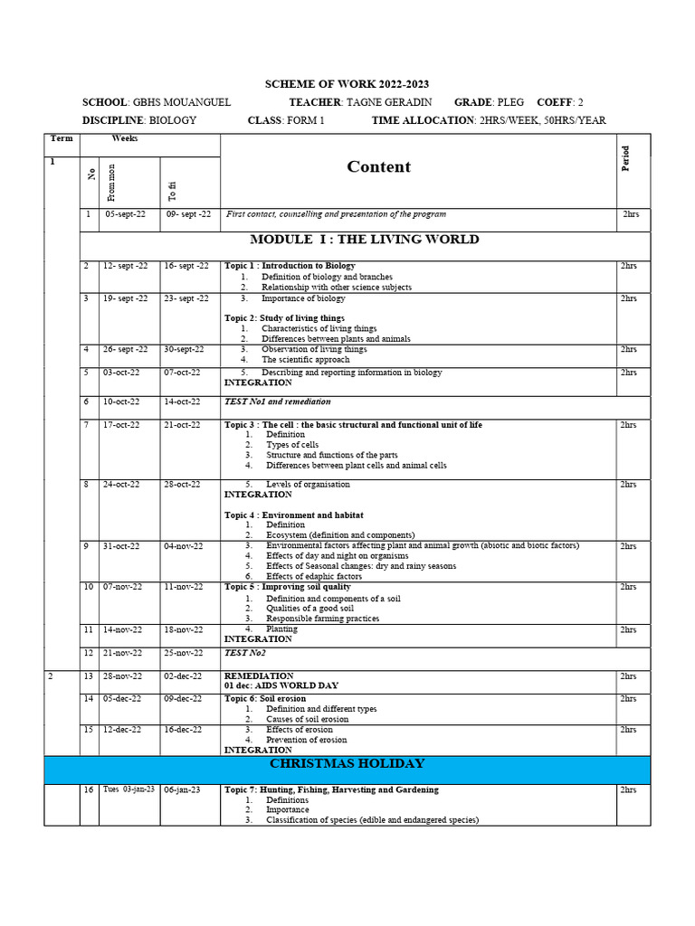 Scheme of Work Form 1 2022-2023 | PDF