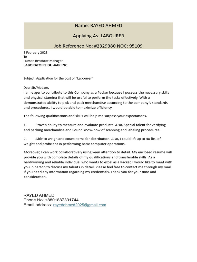 Labourer Cover Letter | PDF