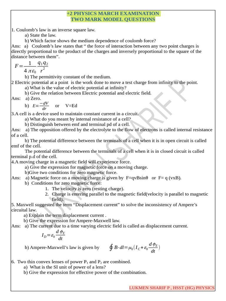 +2 Physics Two Mark Questions | PDF | Photoelectric Effect | Science ...