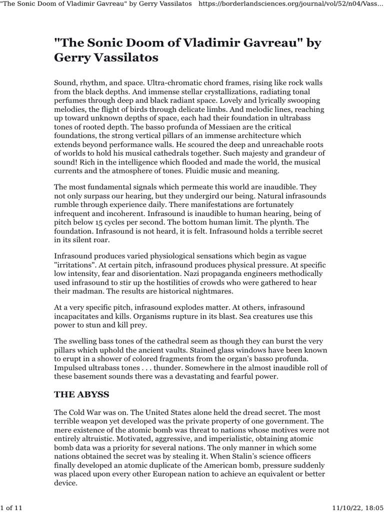 The Sonic Doom of Vladimir Gavreau by Gerry Vassilatos Borderlands (Vol ...