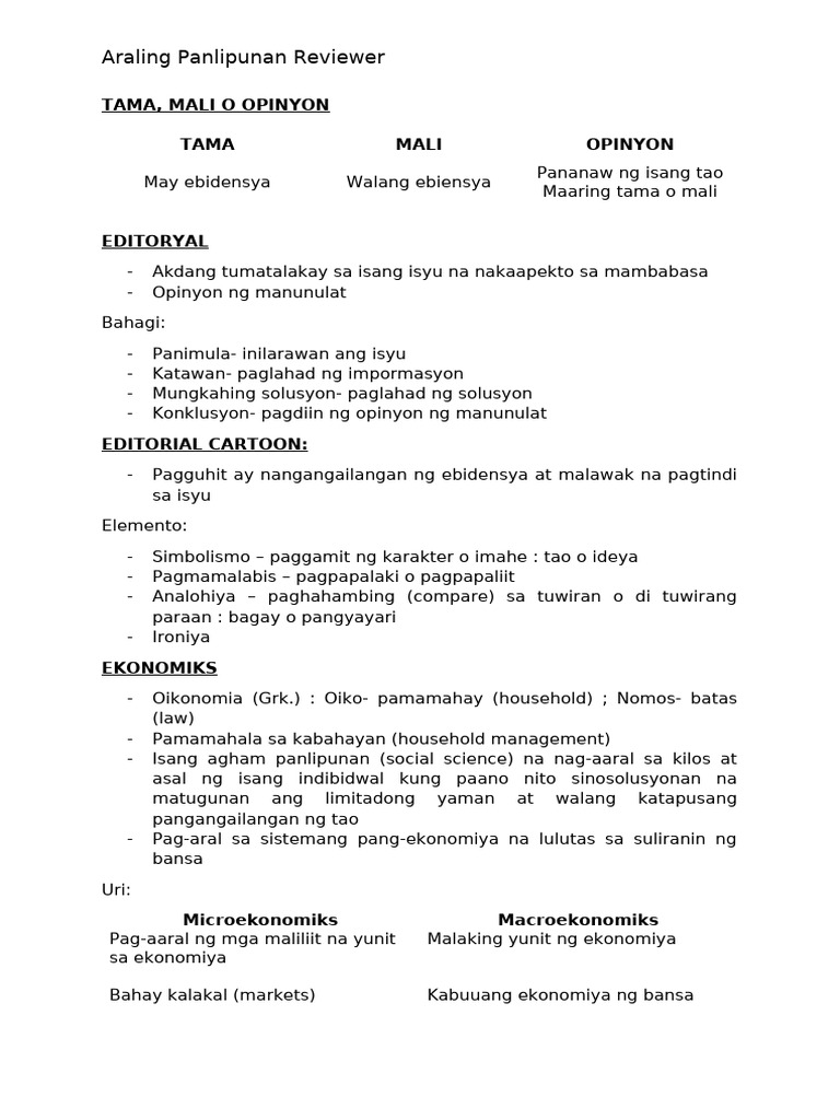 AP Reviewer 1.1 (TMO, Panimula Sa Ekonomiks) | PDF