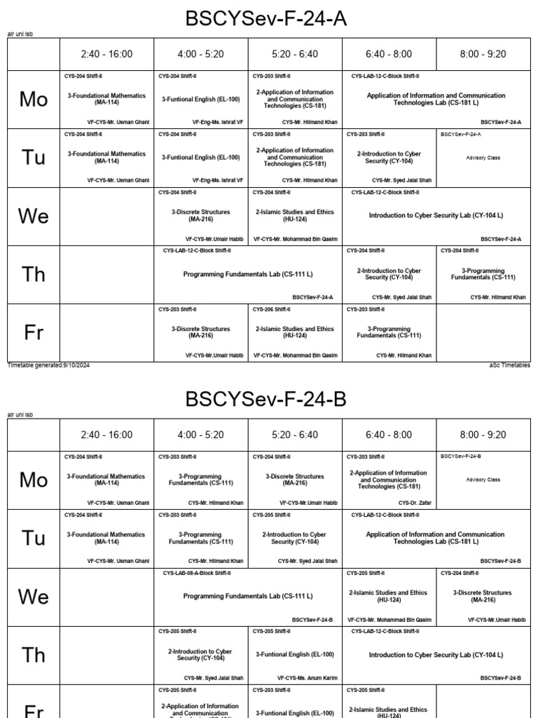 BSCYS Fall-24 Afternoon Timetable | PDF