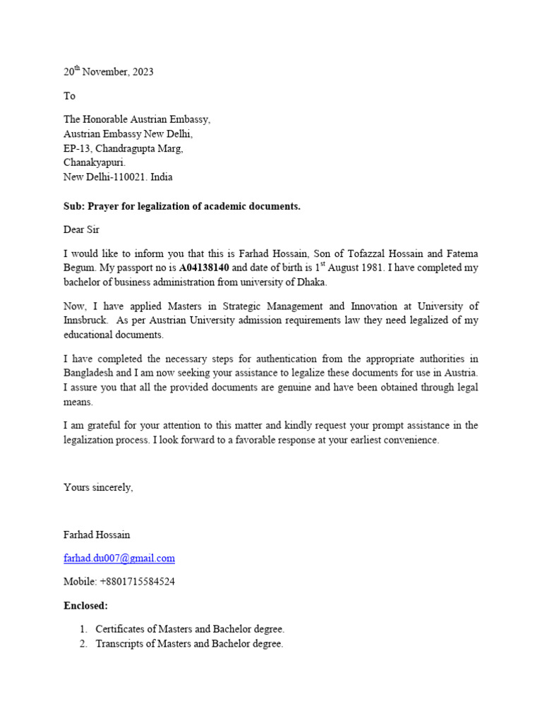 Cover Letter For Austrian Embassy | PDF