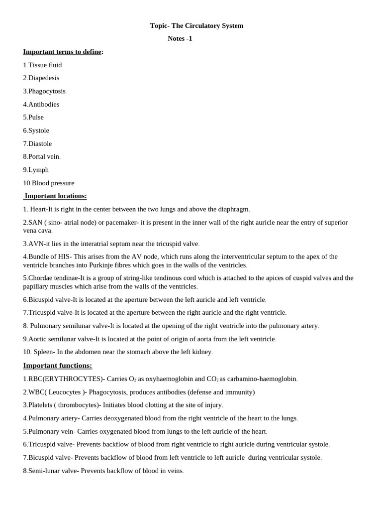 Topic Circulatory System Notes 1. | PDF