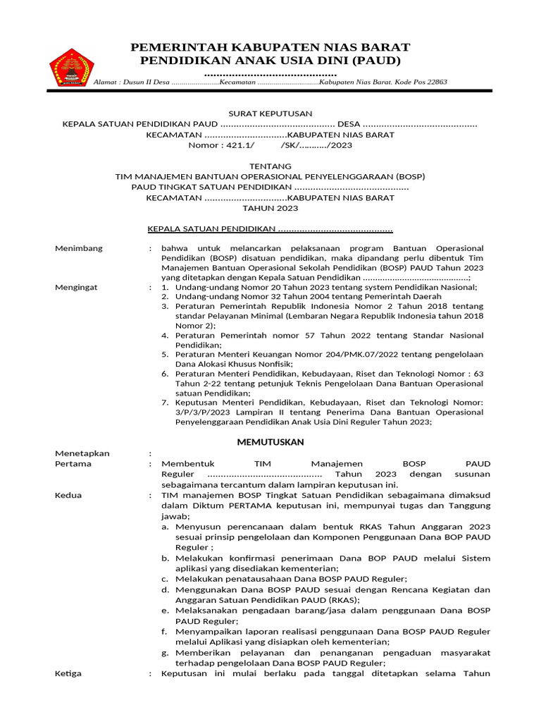 Contoh SK TIM BOSP 2023 | PDF