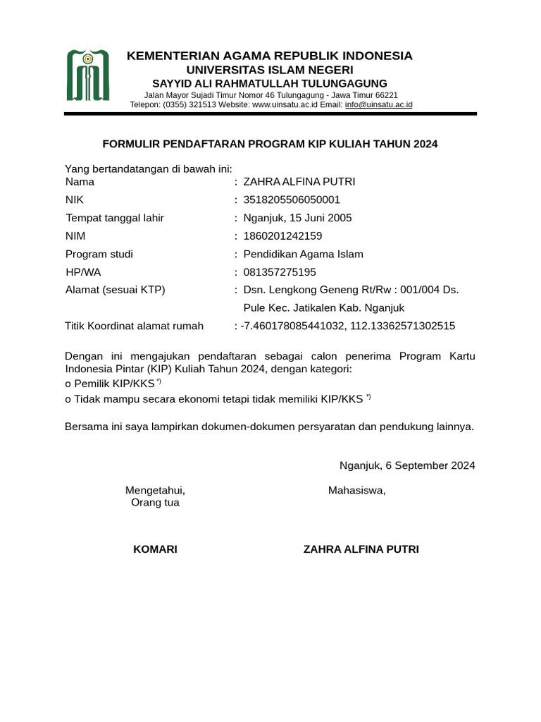 Form Form Pendaftaran Kip 2024 | PDF