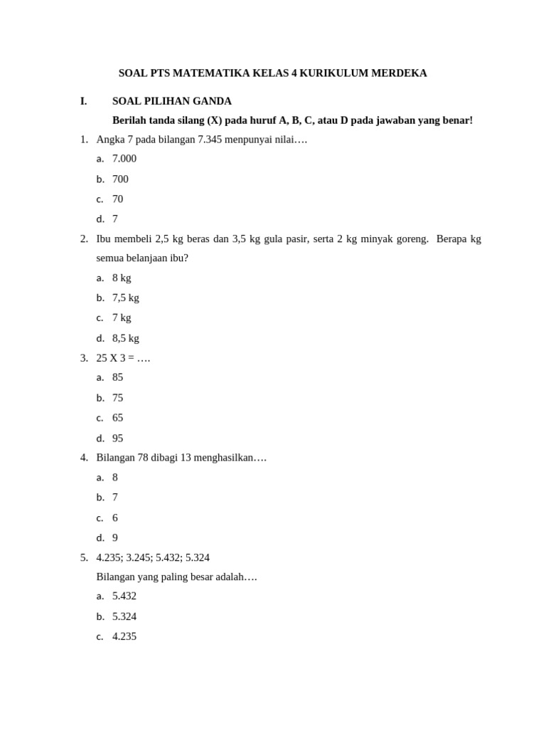 Soal PTS Matematika Kurmer | PDF