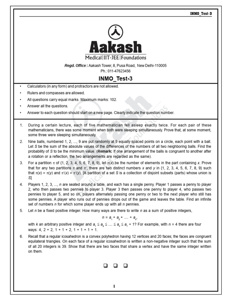 INMO Test-3 | PDF