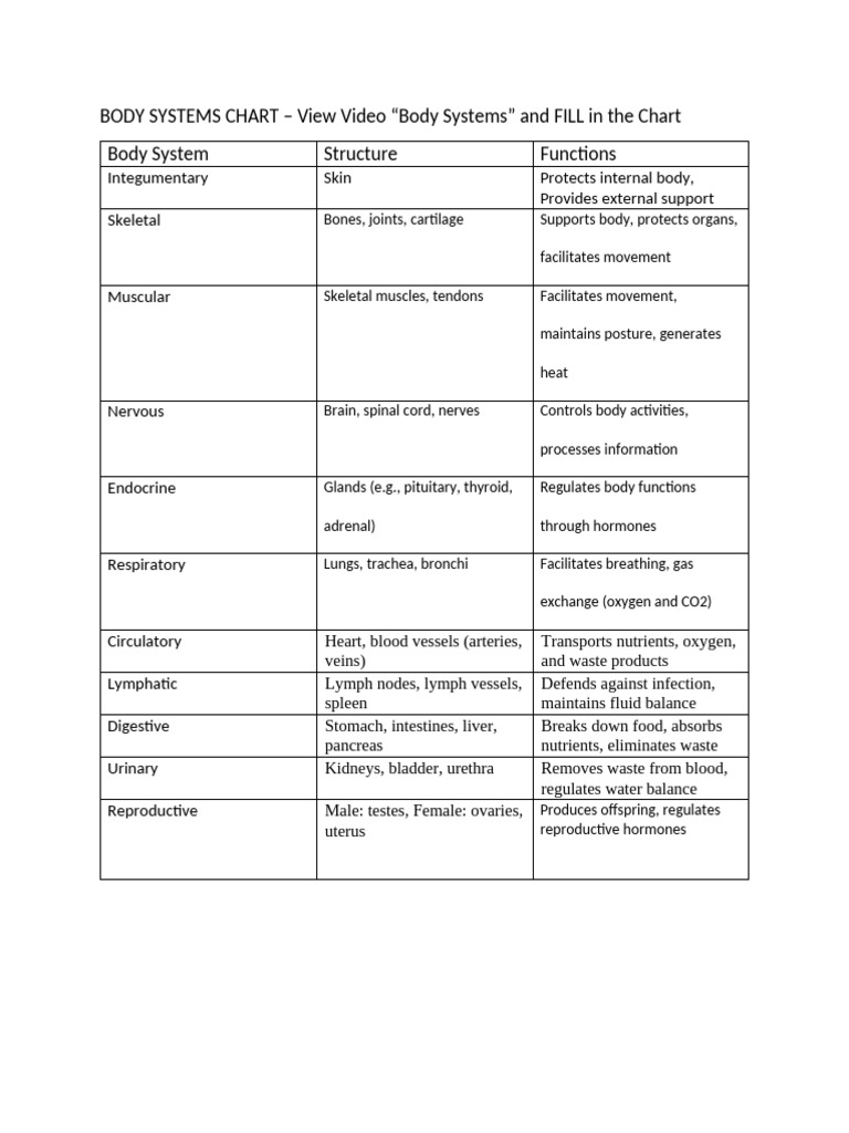 Body Systems Chart | PDF
