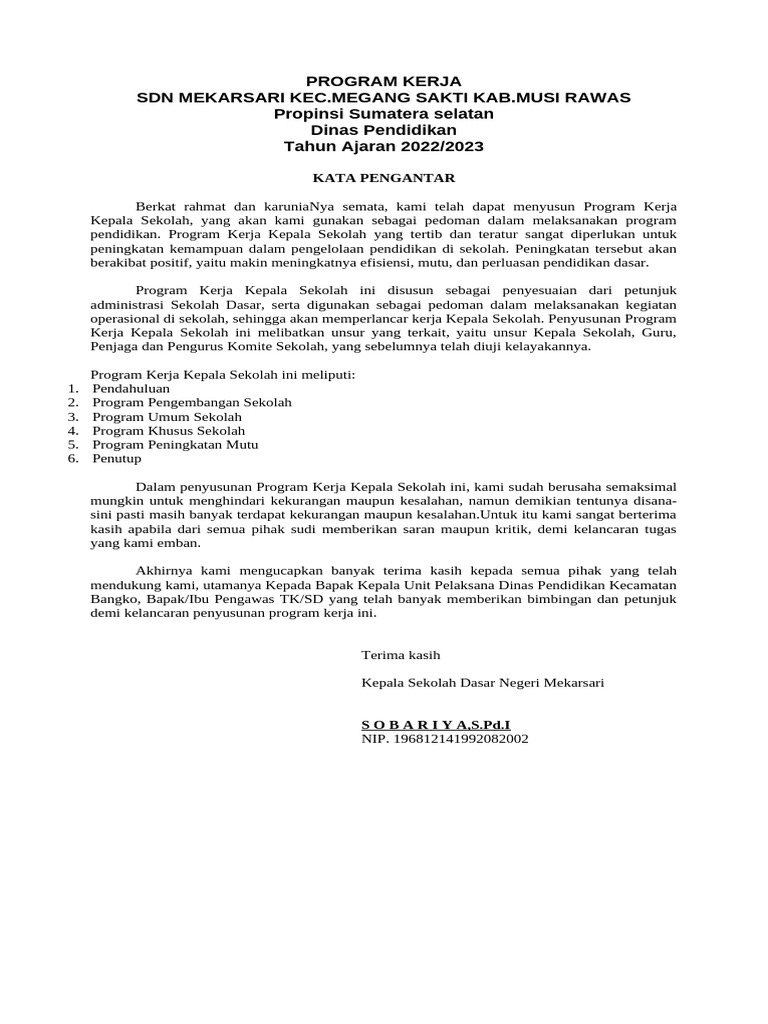 Contoh 1 Program Kerja Kepala Sekolah | PDF