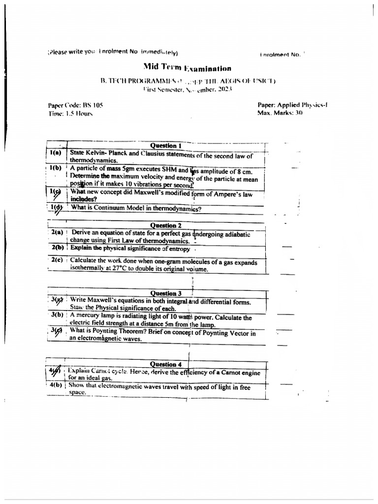 Btech 1 Sem Applied Physics 1 Bs 105 Nov 2023 | PDF