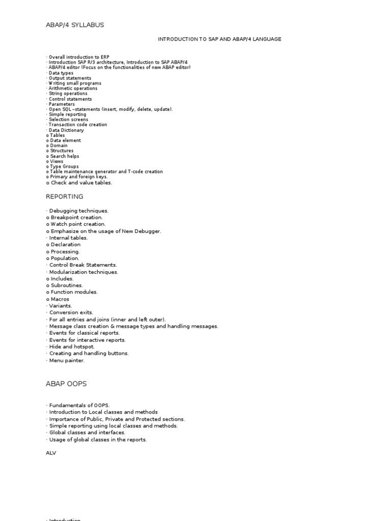 Abap Syllabus | PDF | Subroutine | Class (Computer Programming) Abap Syllabus | PDF | Subroutine | Class (Computer Programming)