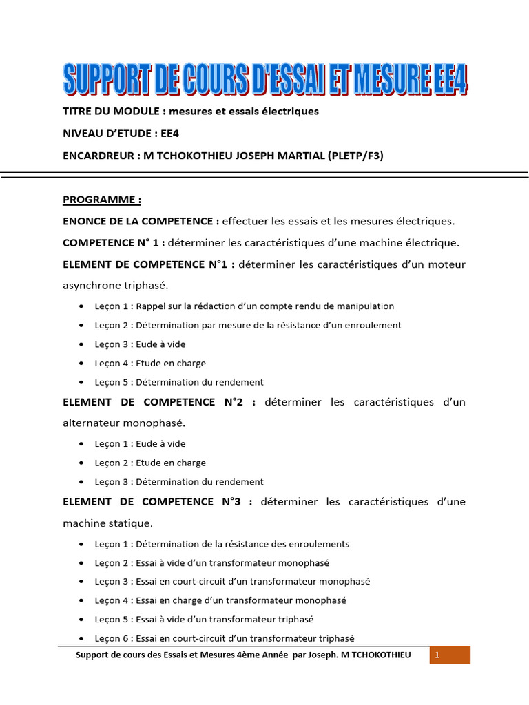 Support de Cours D'essai Et Mesure Doc Prof 2 | PDF