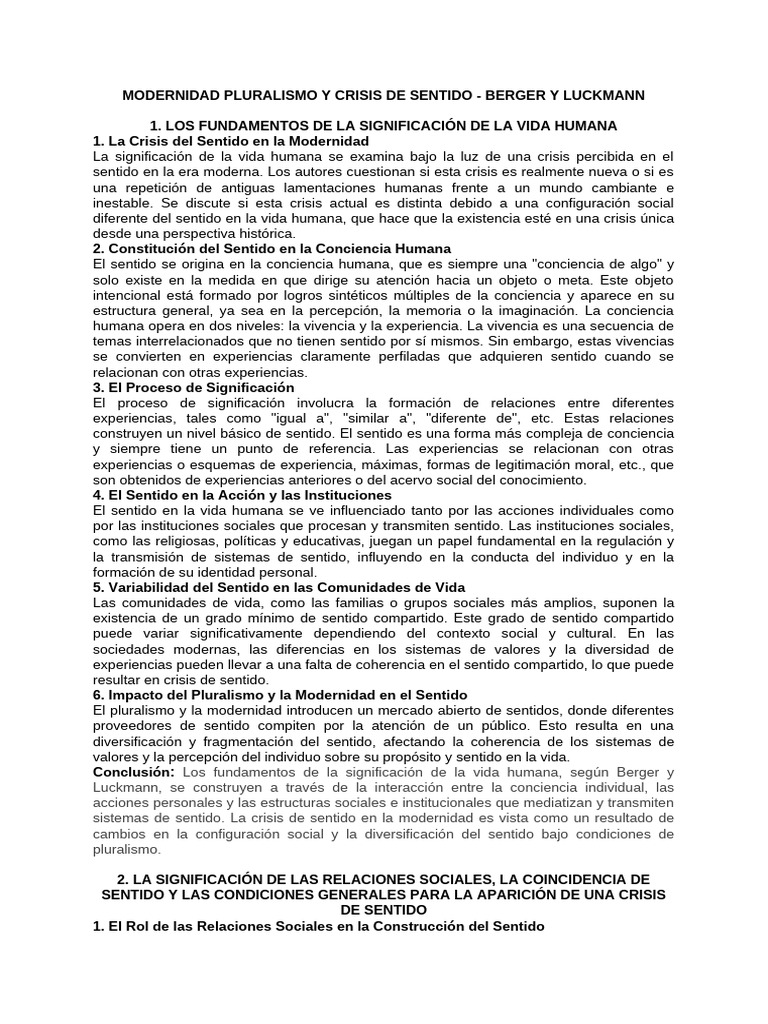 Modernidad Pluralismo y Crisis de Sentido - Berger y Luckmann | PDF