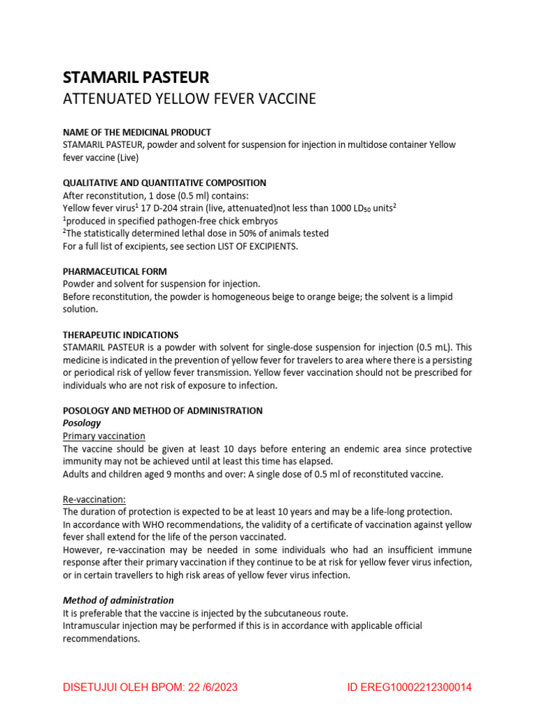 Stamaril Pasteur: Attenuated Yellow Fever Vaccine | PDF