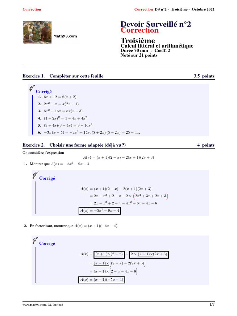 DS Calcul Littéral Corr | PDF