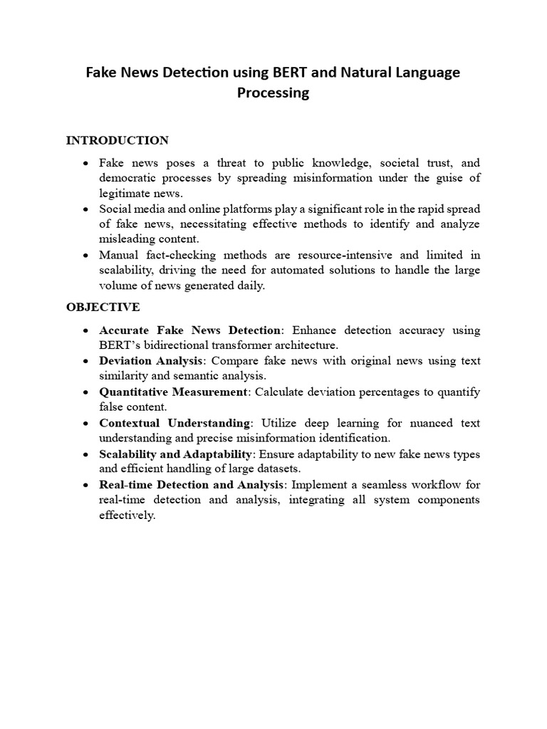 Fake News Detection Using Bert And Natural Language Processing Document For Proposal Pdf