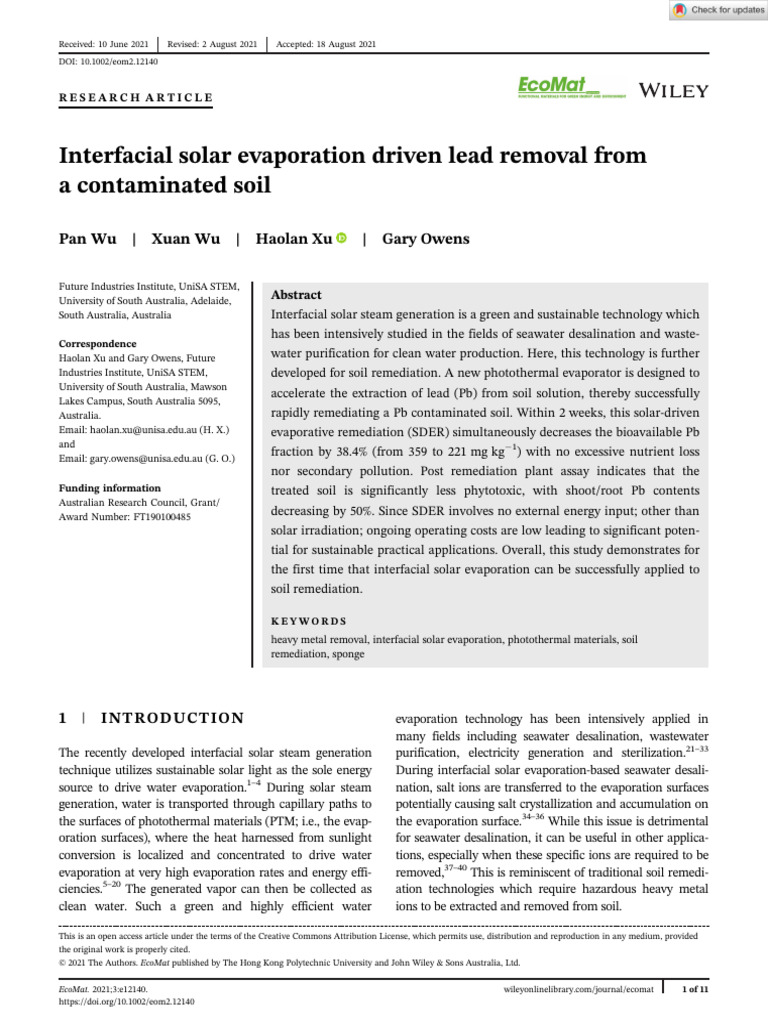 Interfacial Solar Evaporation Driven Lead Removal From A Contaminated ...