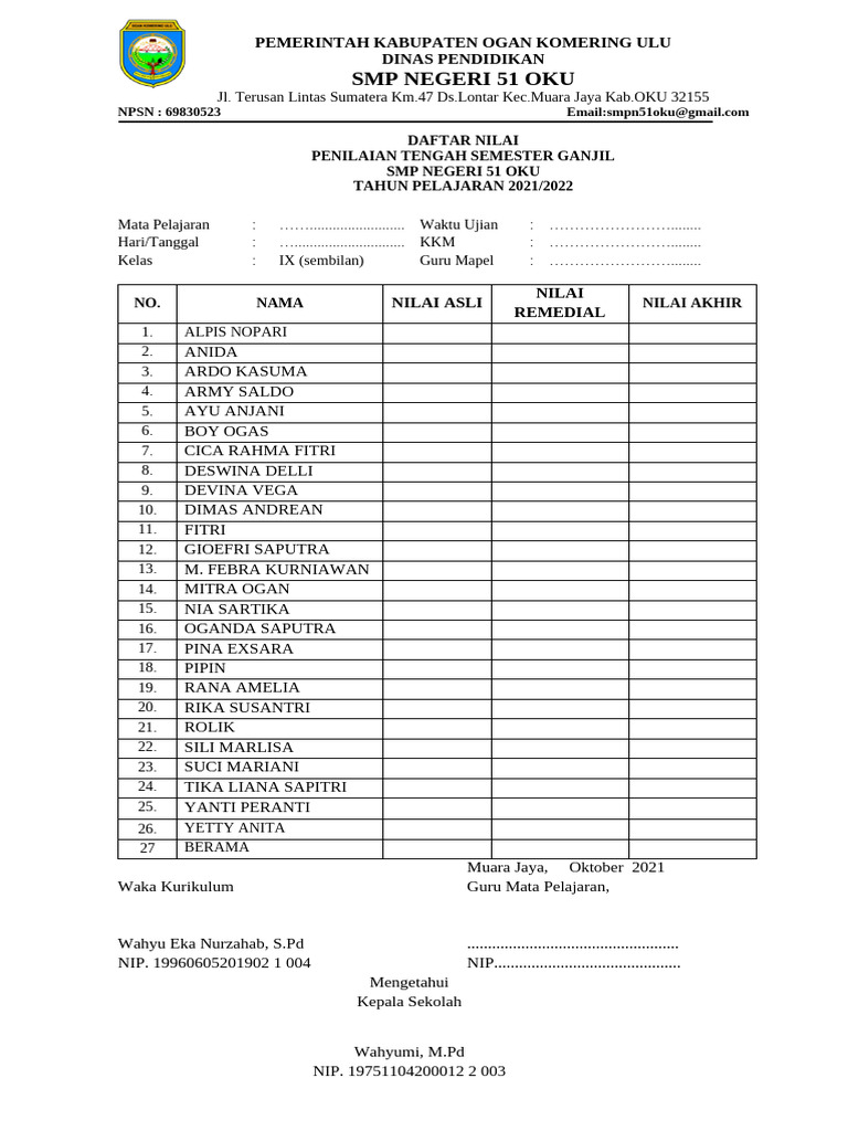 Daftar Nilai PTS GANJIIL 2021-2022 | PDF