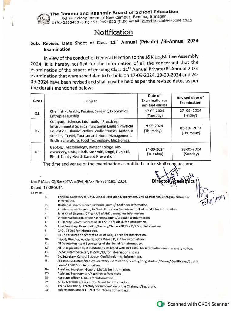 Revised Date Sheet Class 11 TH | PDF