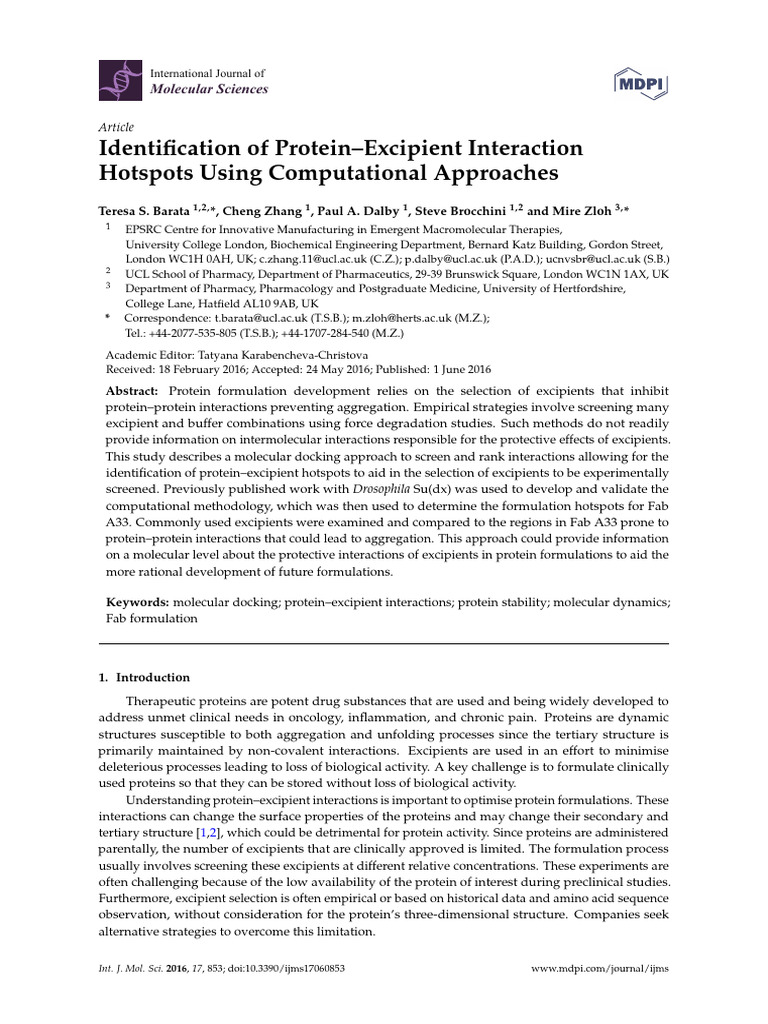 Identification of ptn-excipient interaction hotspots using ... Identification of ptn-excipient interaction hotspots using ...
