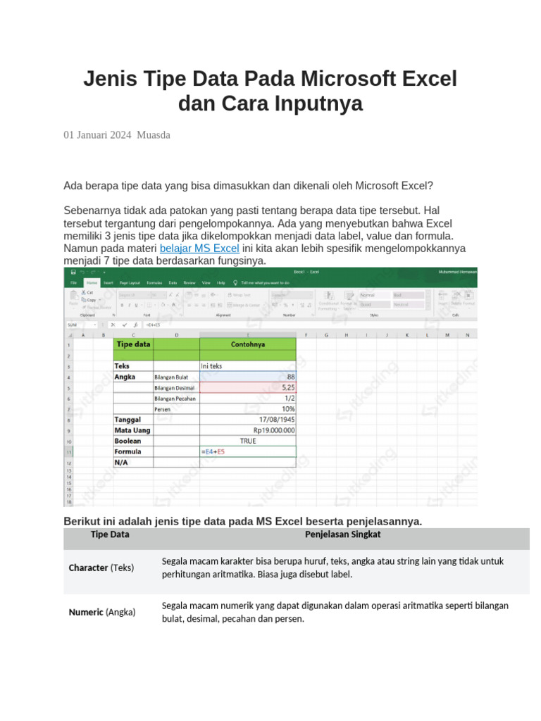 Jenis Tipe Data Pada Microsoft Excel Dan Cara Inputnya | PDF | Karier ...