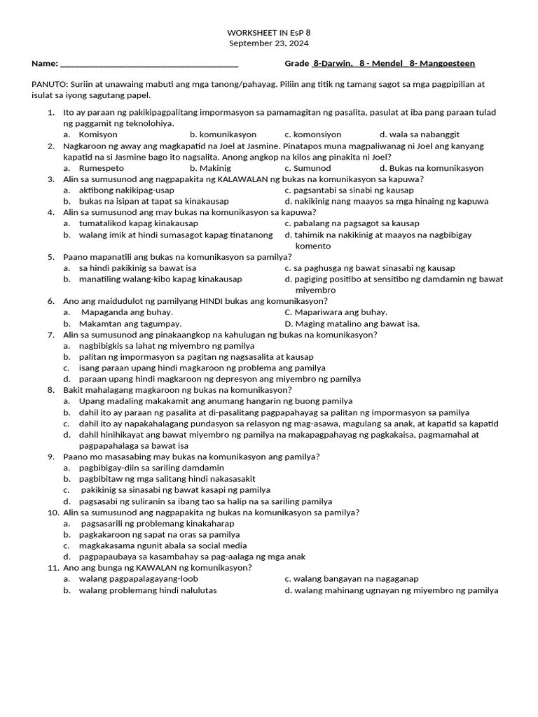 Worksheet in Esp 8 Sep 23 | PDF