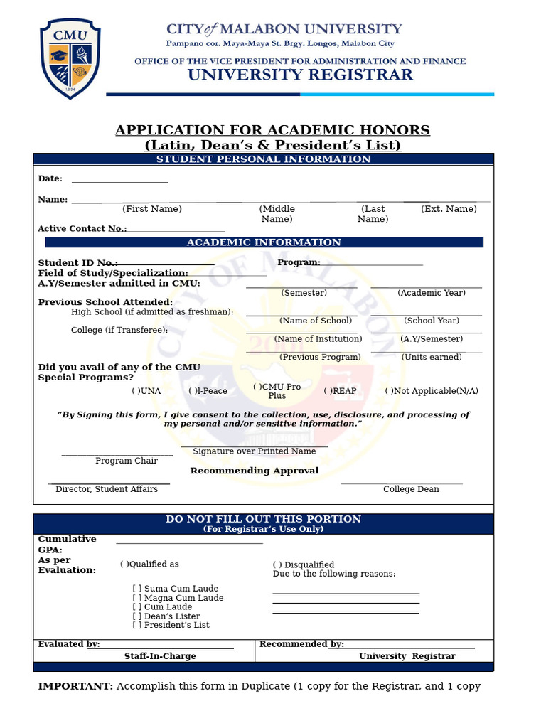 Application For Academic Honors | PDF