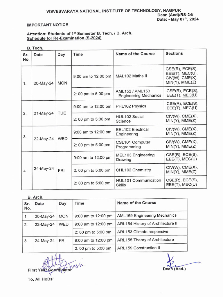 Schedule for Re-Examination S-2024 Students of 1st Sem B.Tech.-B.Arch. | PDF