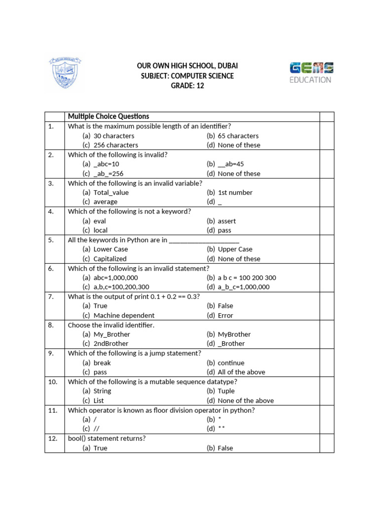 Gr12 Computer Science Question Bank Pdf