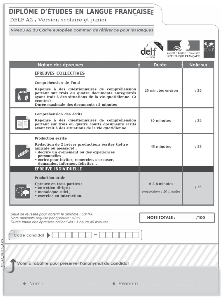 Exemple 2 Sujet Delf A2 Junior Document Candidat Comprehension Ecrite ...
