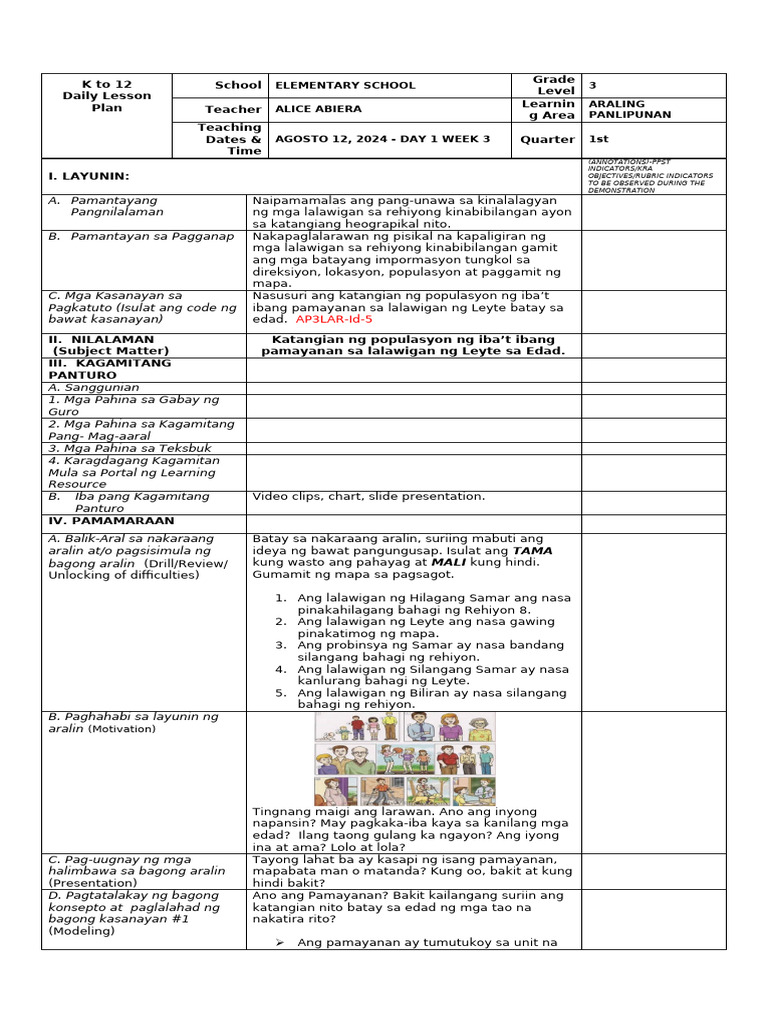 AP3 Q1 W3D1 - Katangian NG Populasyon NG Iba't Ibang Pamayanan Sa Lalawigan NG Leyte Sa Edad. | PDF