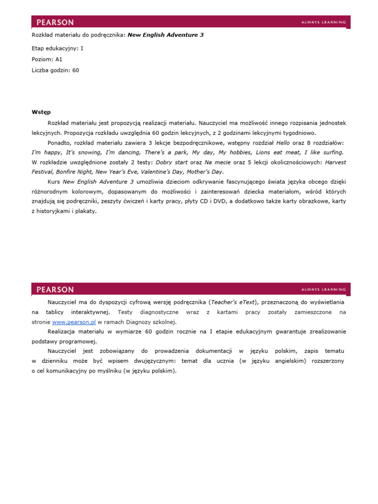 New English Adventure 3 Rozklad Materia-U 60h | PDF