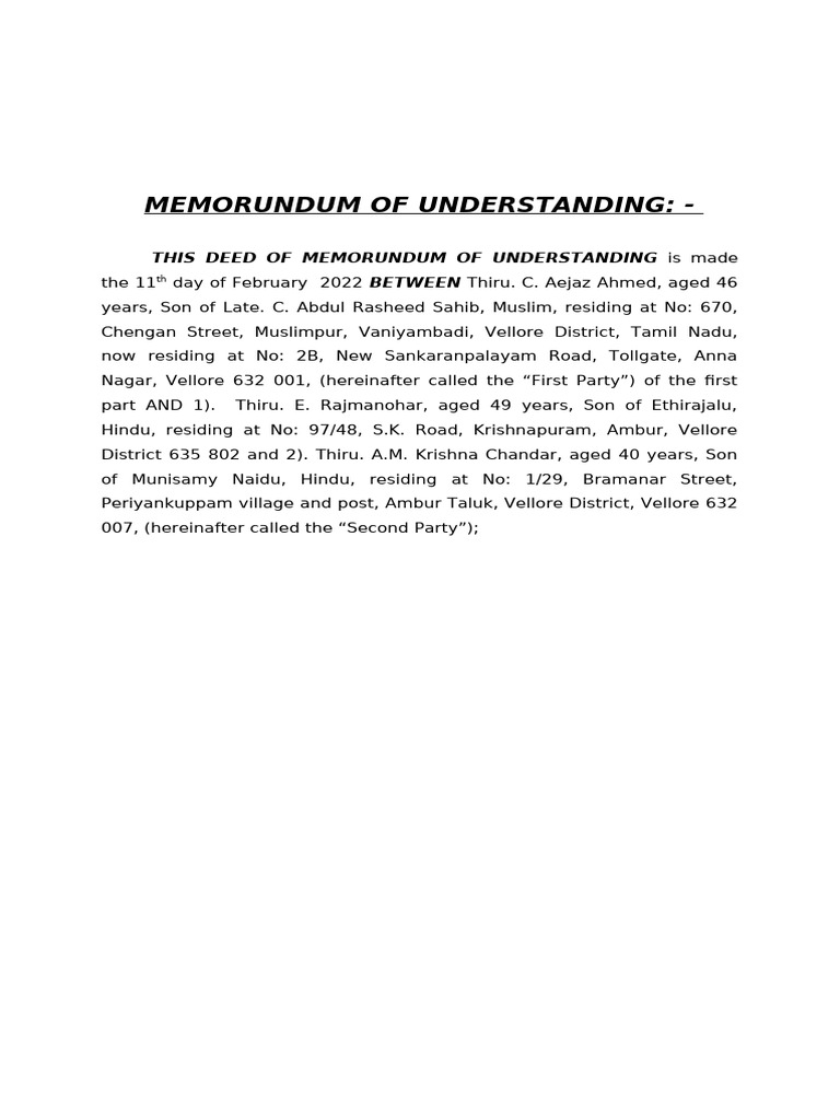 This Deed of Memorundum of Understanding Between | PDF