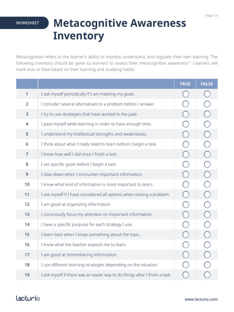 Lecturio Student - Metacognitive Awareness Inventory - Worksheet - 07 ...